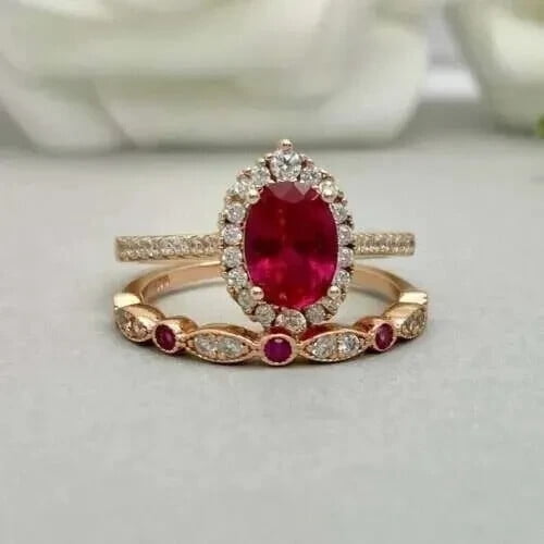2.30Ct Oval Cut Simulated Red Ruby Bridal Set Wedding Ring 14K Rose ...