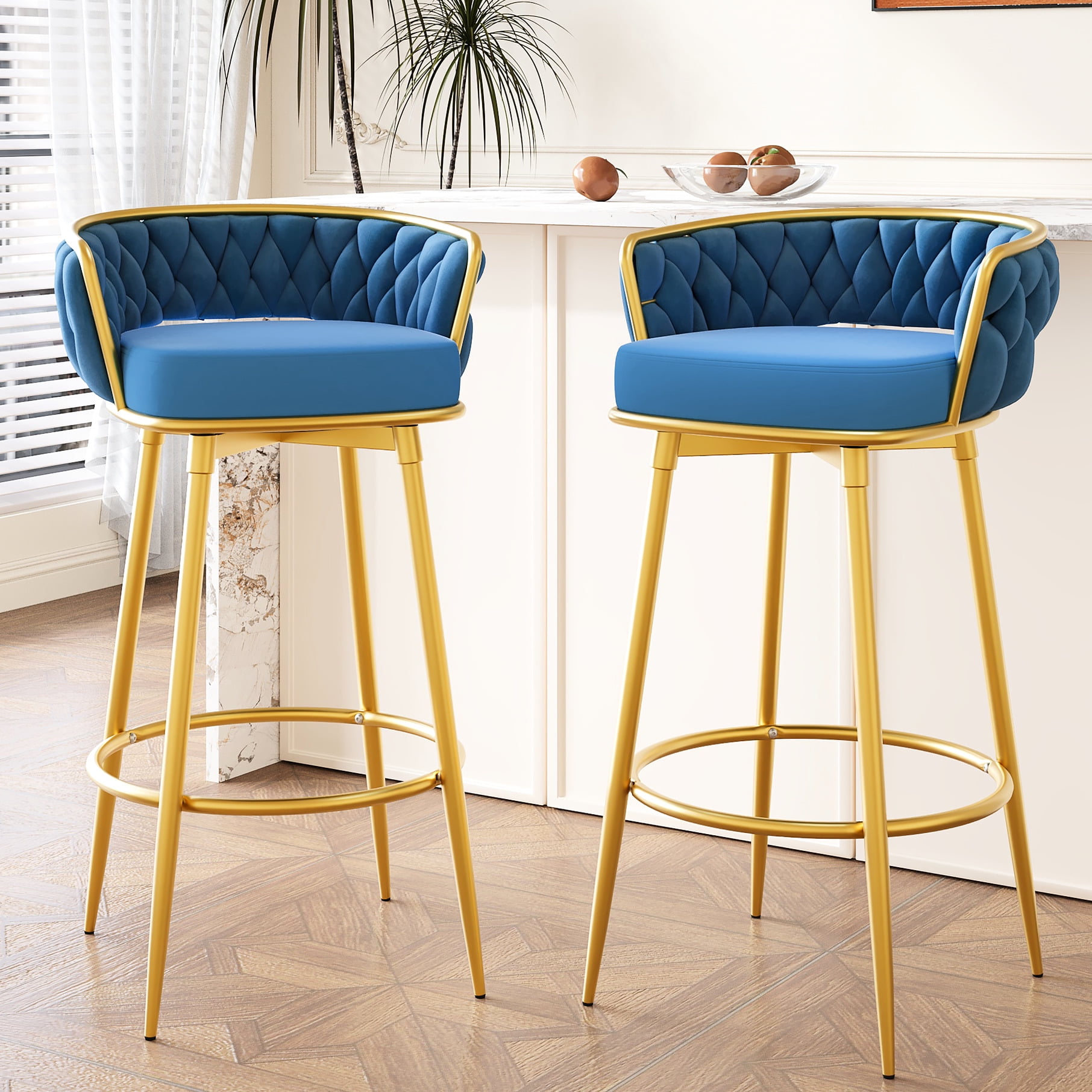 Of 2 31.5" Counter Height Bar Stools, Blue, Hand-woven , Gold Metal ...