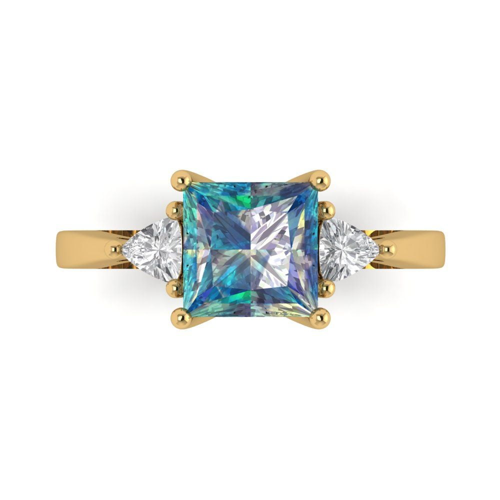 2.32 ct Princess Cut Blue Moissanite 3 Stone 14K Yellow Gold Womens ...