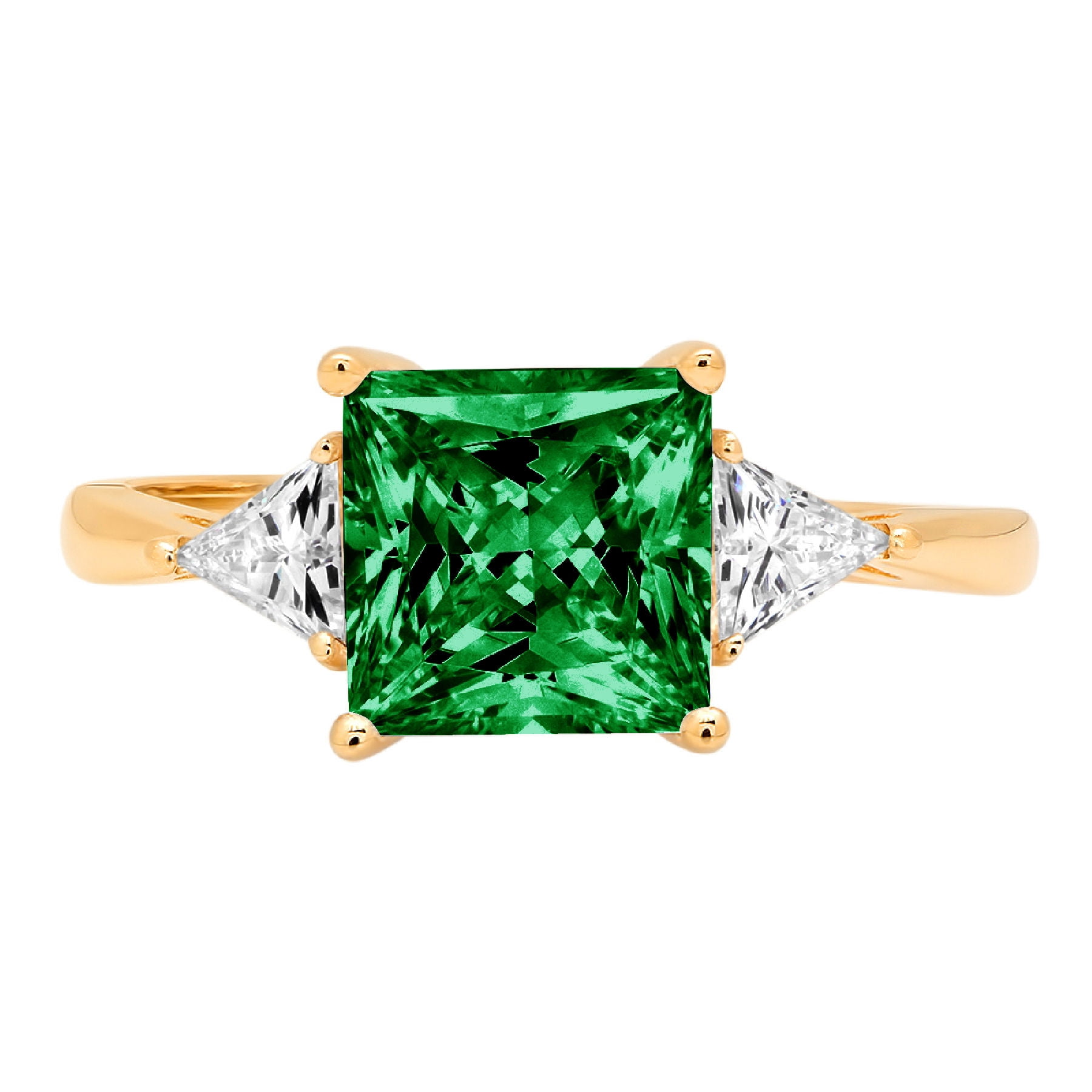 2.32 ct Princess Cut Simulated Emerald 3 Stone 18K Yellow Gold Womens ...