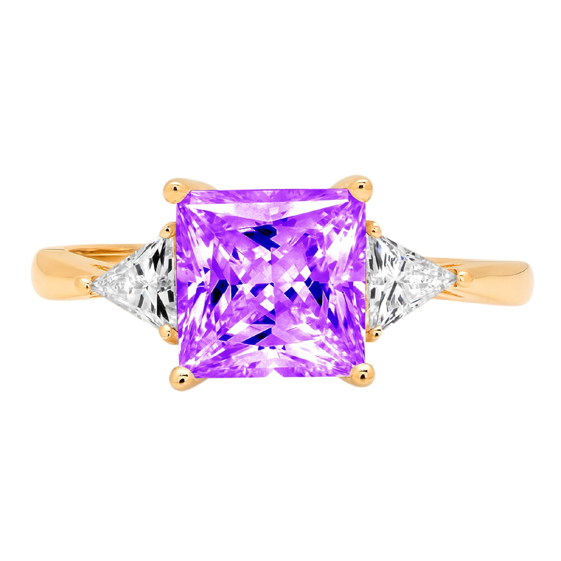 2.32ct Princess cut - Three- Stone - Natural Amethyst - 14k Yellow Gold ...