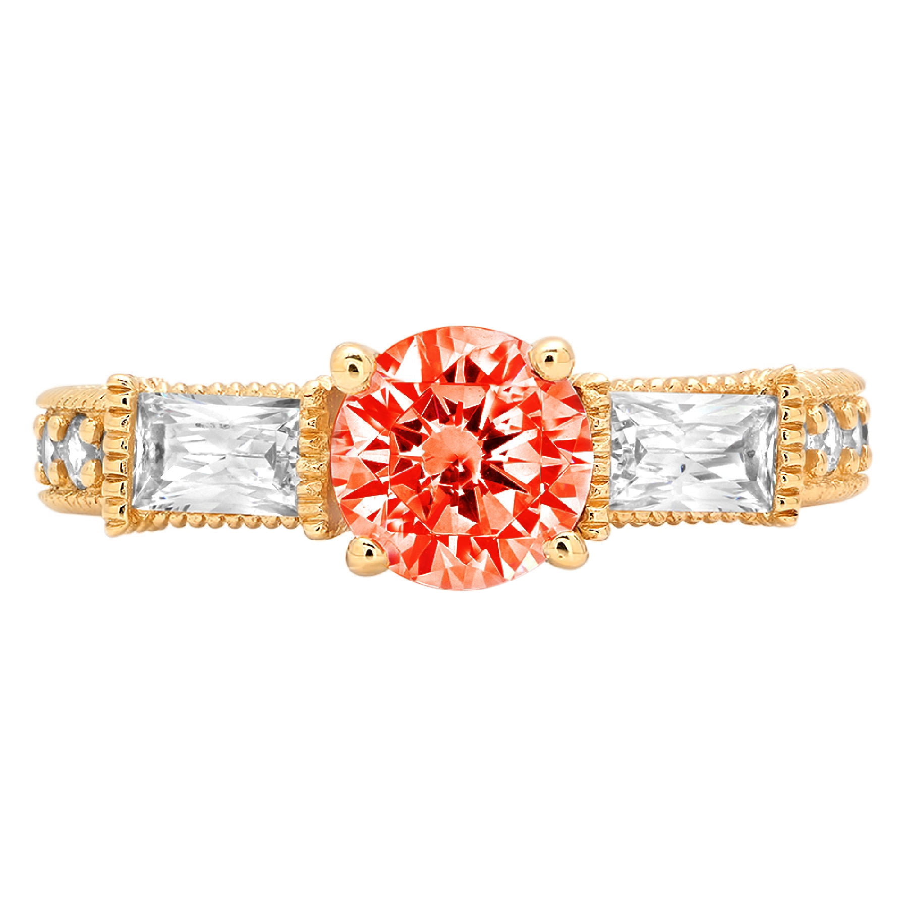 2.33 ct Round Cut Simulated Red Diamond 3 Stone 14K Yellow Gold Womens ...