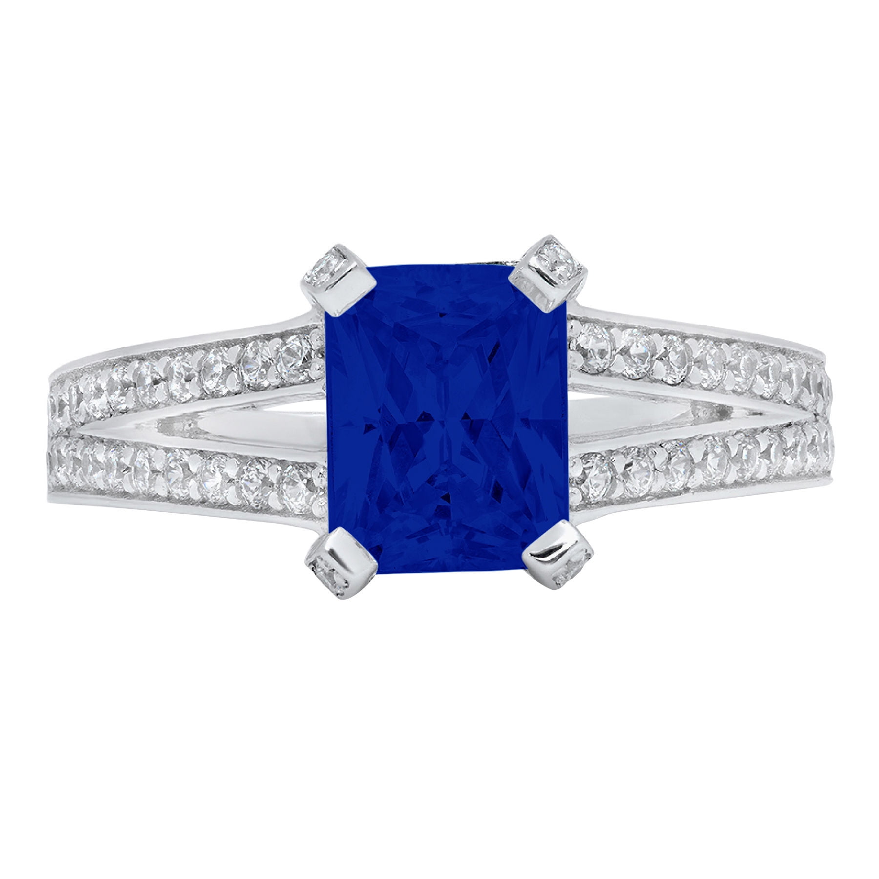 2.35 ct Emerald Cut Simulated Blue Sapphire Solitaire with Simulated Diamond Accents 18K White ...