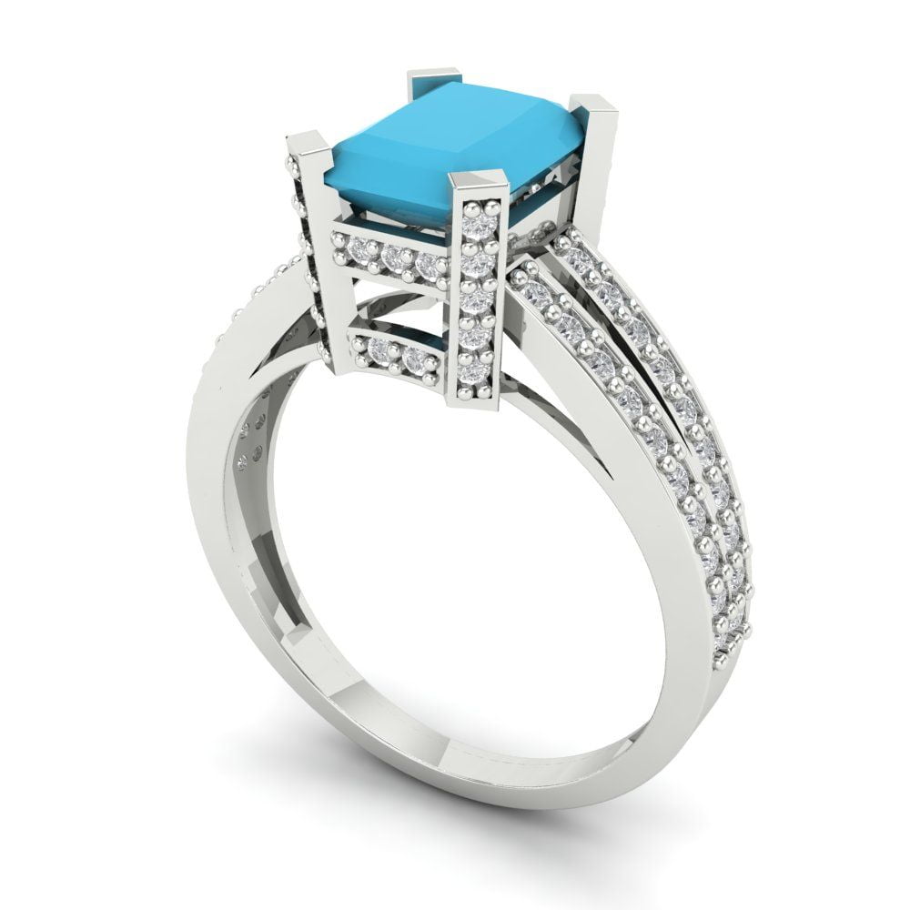 2.35 ct Emerald Cut Simulated Turquoise Solitaire with Accents Engagement Ring for Women in 18K ...