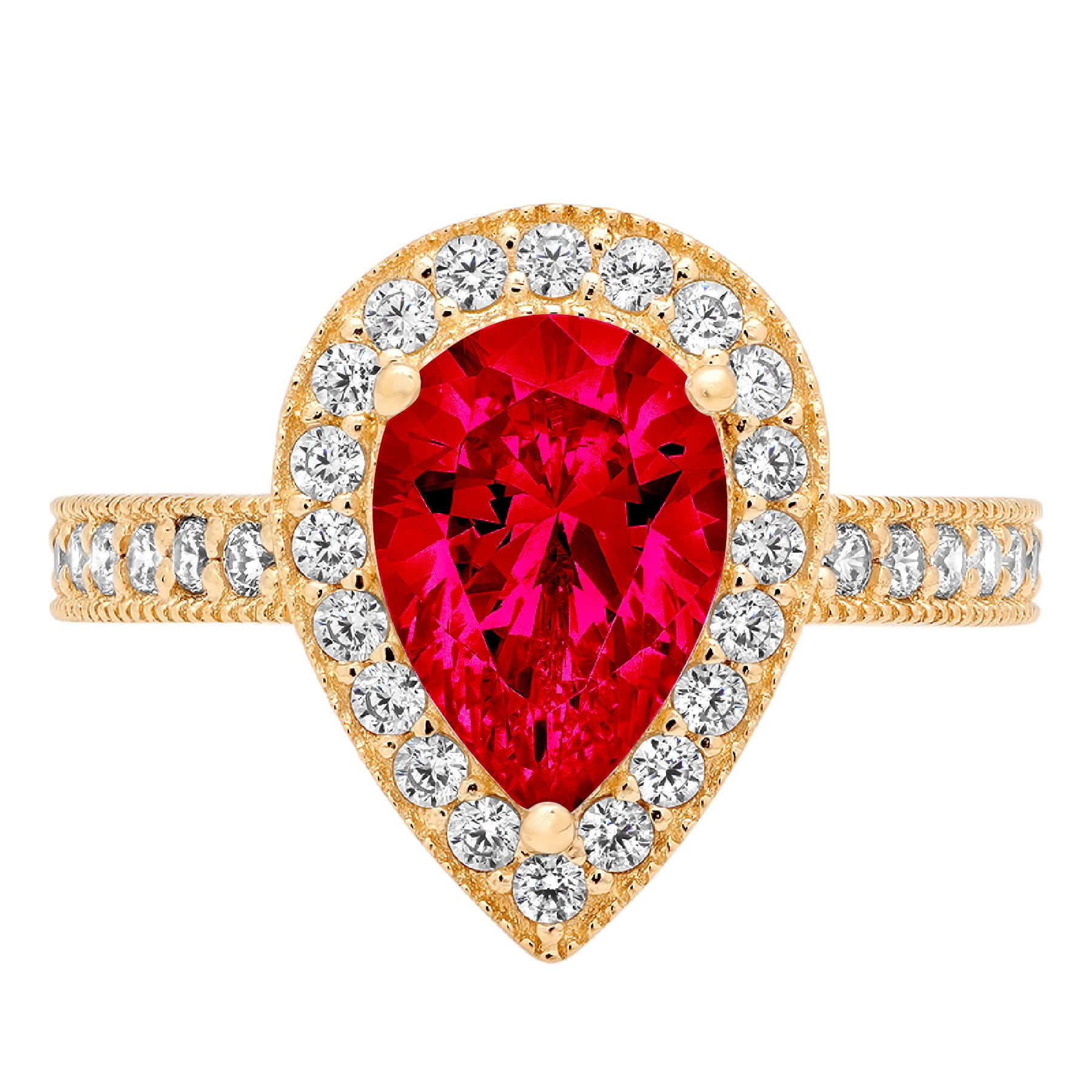 2.36 ct Pear Cut Simulated Ruby with Simulated Diamond Halo Accents 14K Yellow Gold Womens ...