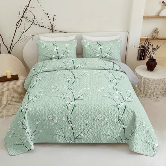 2/3PCS Cherry Blossom Branch Bedspread Set,1pc Quilt + 1/2pcs ...