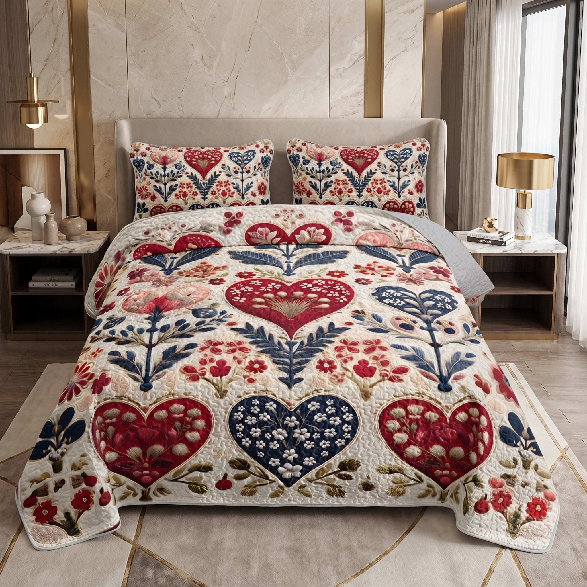2/3PCS Watercolor Floral Heart-shaped Multicolor Bedspread Set,1 Quilt+ ...