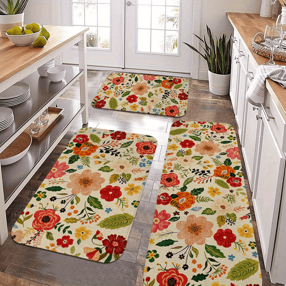 2/3Pcs Exquisite Floral Flannel Kitchen Mat Set, Soft Home Essential ...