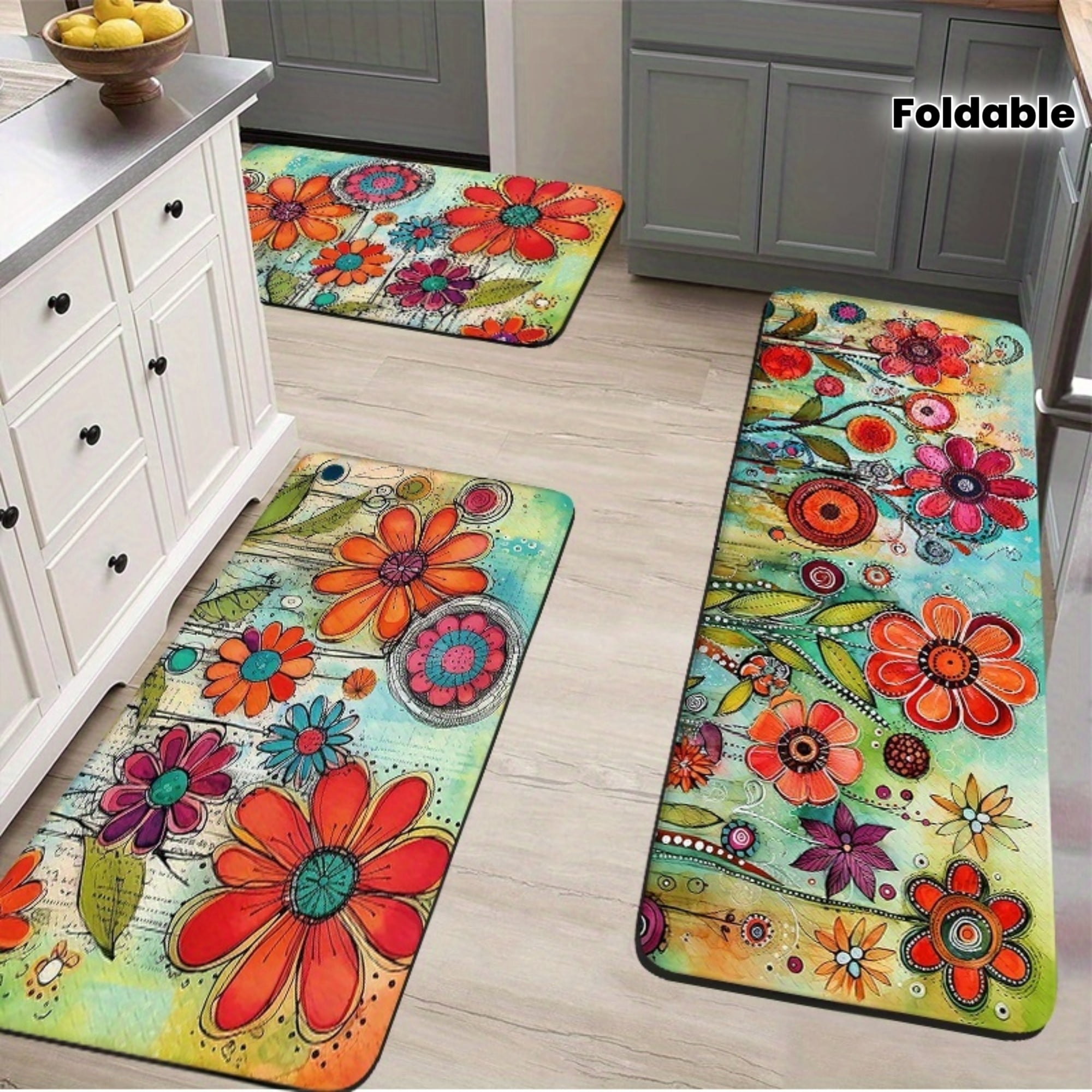 2/3Pcs Washable Foldable Flannel Kitchen Mat Set, Soft Non-Slip Floor ...