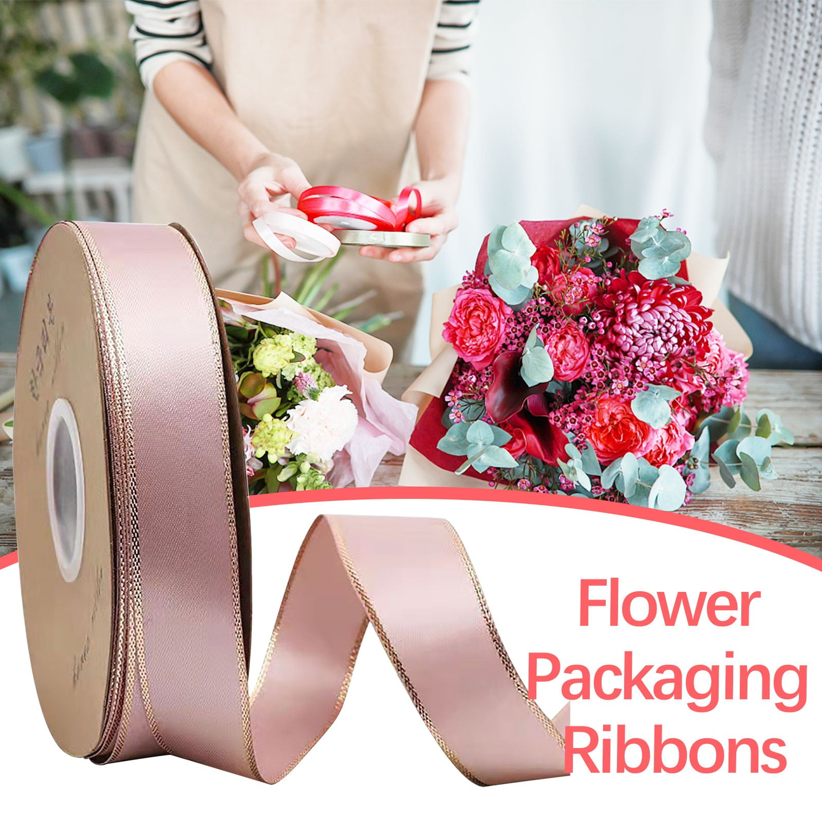 2.3cm Double Gold Edged Polyester Ribbon Gift Flower Packaging Ribbon ...