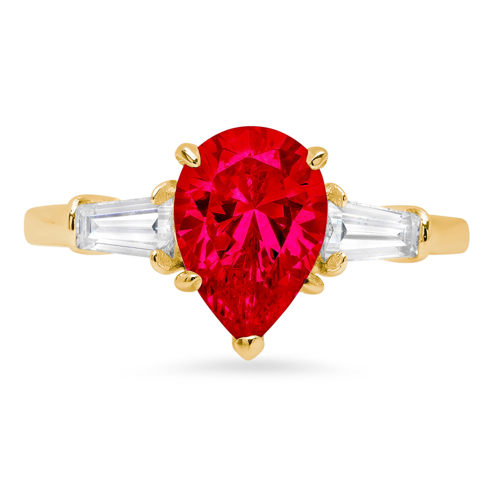 2.5 ct Pear Cut Simulated Ruby 3 Stone 18K Yellow Gold Womens ...