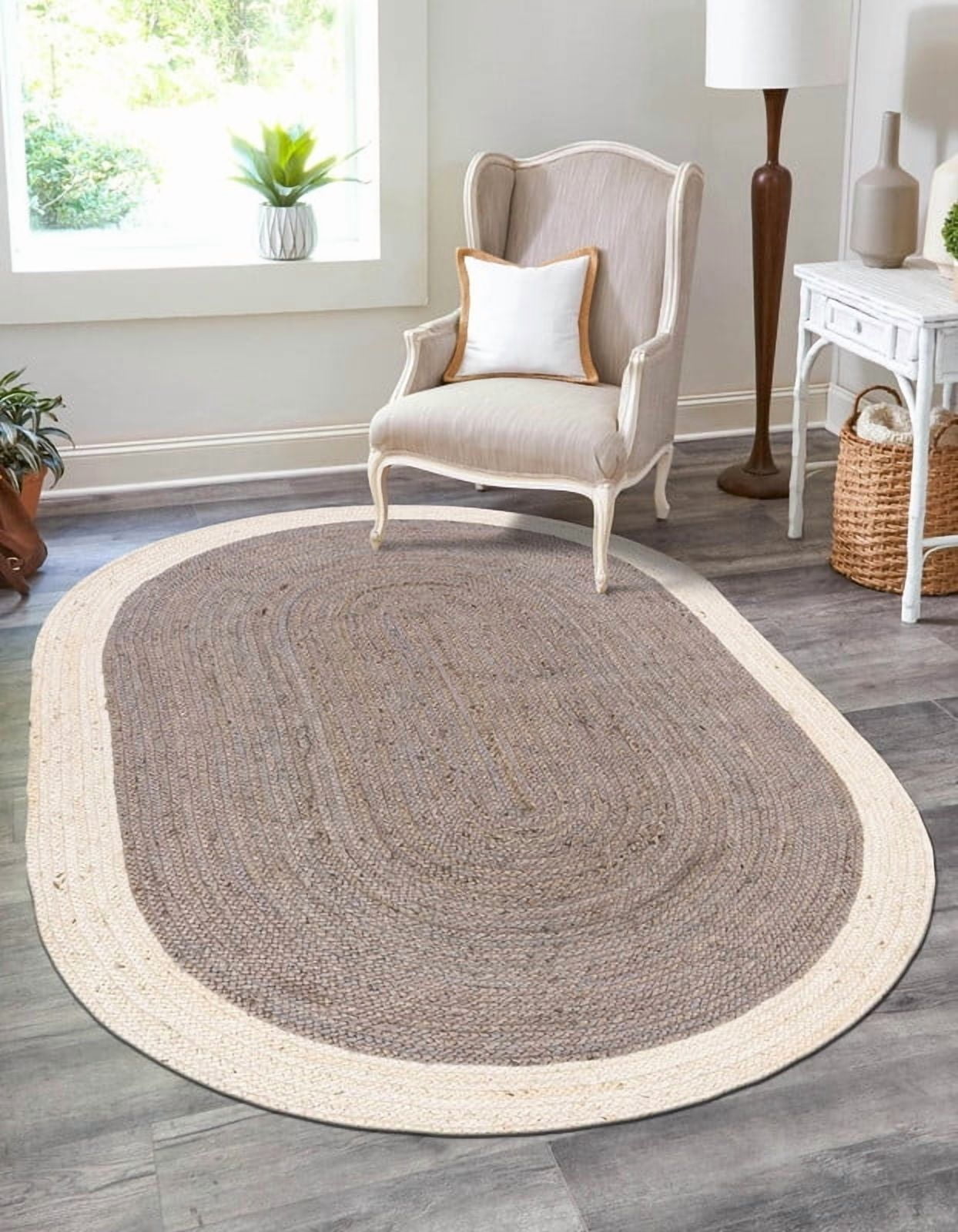 2.3x4 Ft Oval Gray & White Jute Area Rug, Hand-Woven, Reversible ...