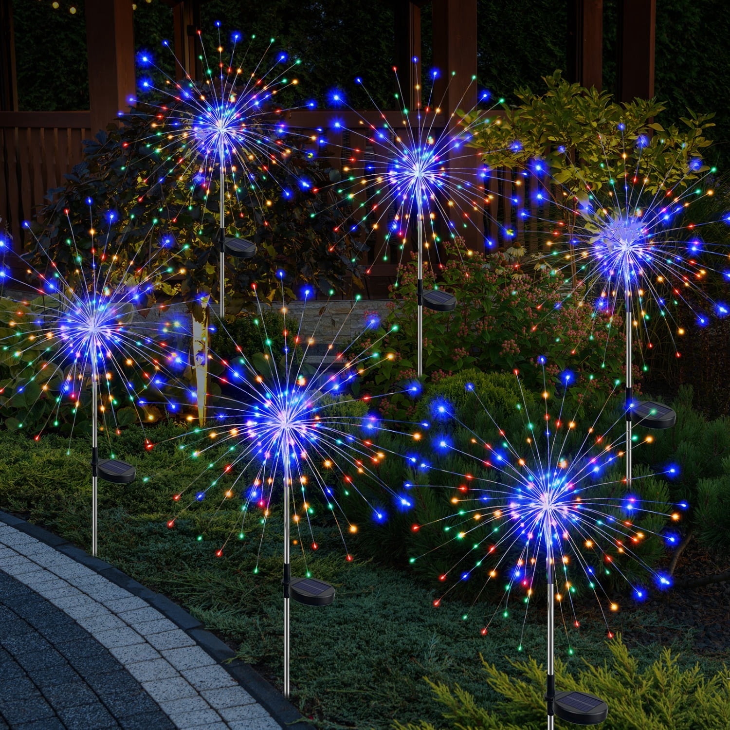 6 Pack Solar Garden Lights Outdoor, 120 LED Firework Lights with 8 ...
