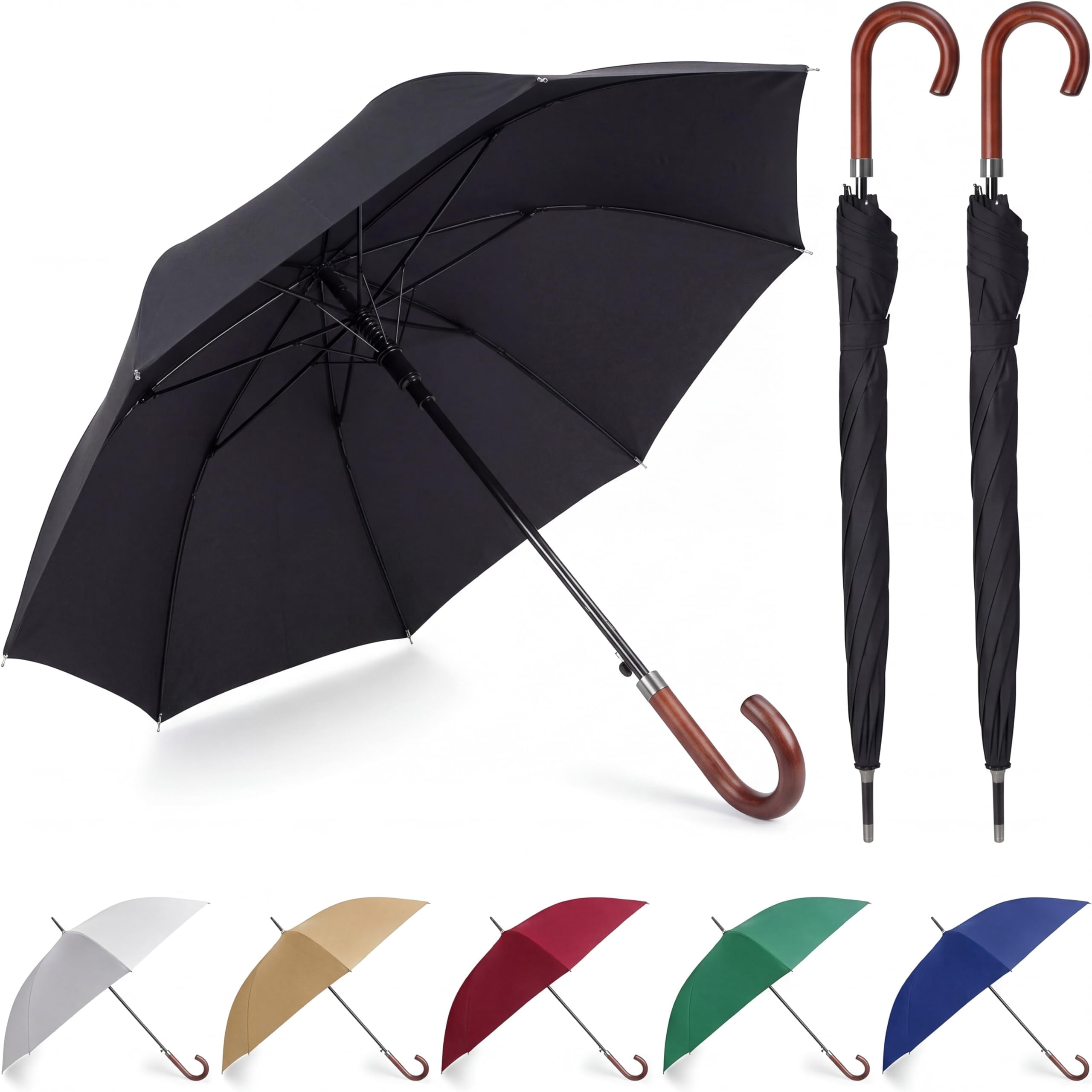 2/4/6 Pcs 48" Auto Open Umbrella Large Wooden J Stick Handle Vintage ...