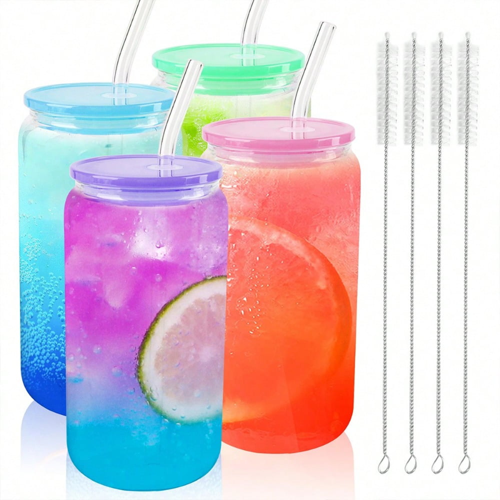 2/4/8/12/16pcs Glass Cups With Acrylic Lids And Straws 16 Oz Can Shaped ...