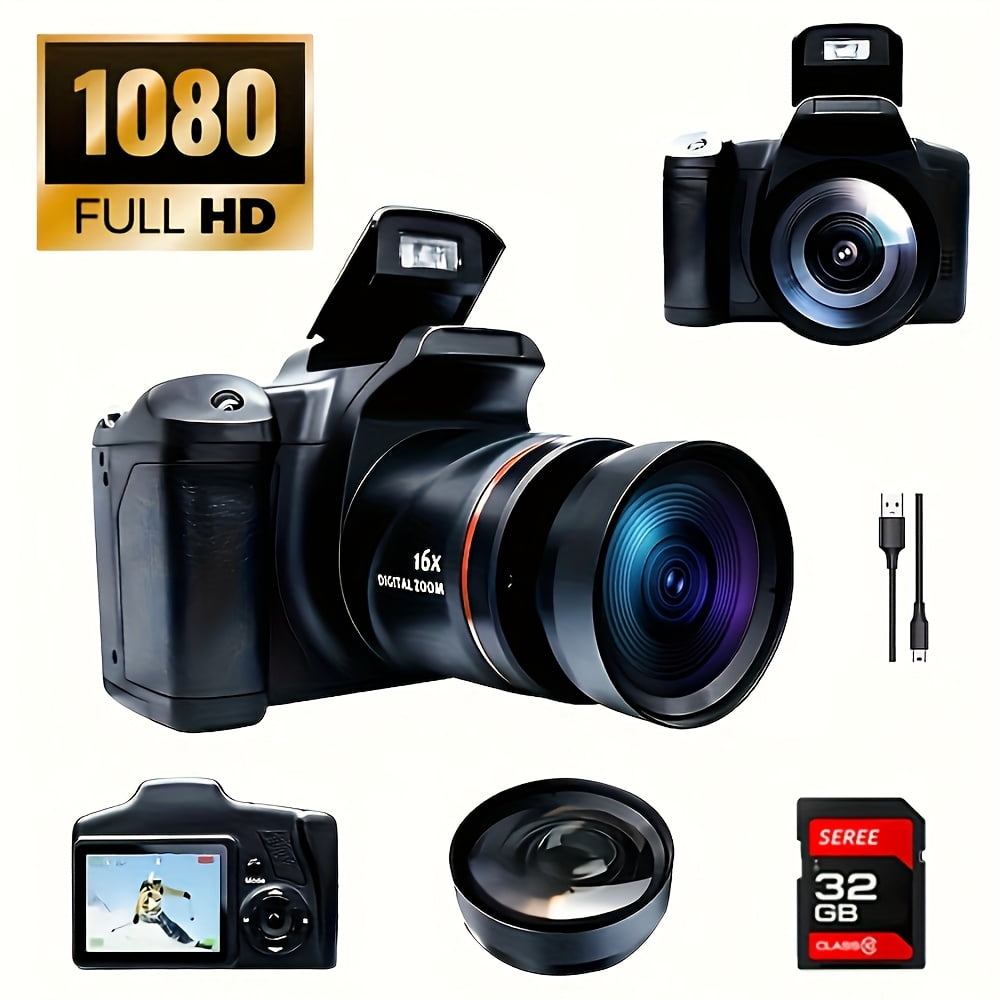 2.4" LCD 1080P Vlog Camera: 16X Zoom & Wide-Angle Lens, 32GB Card ...