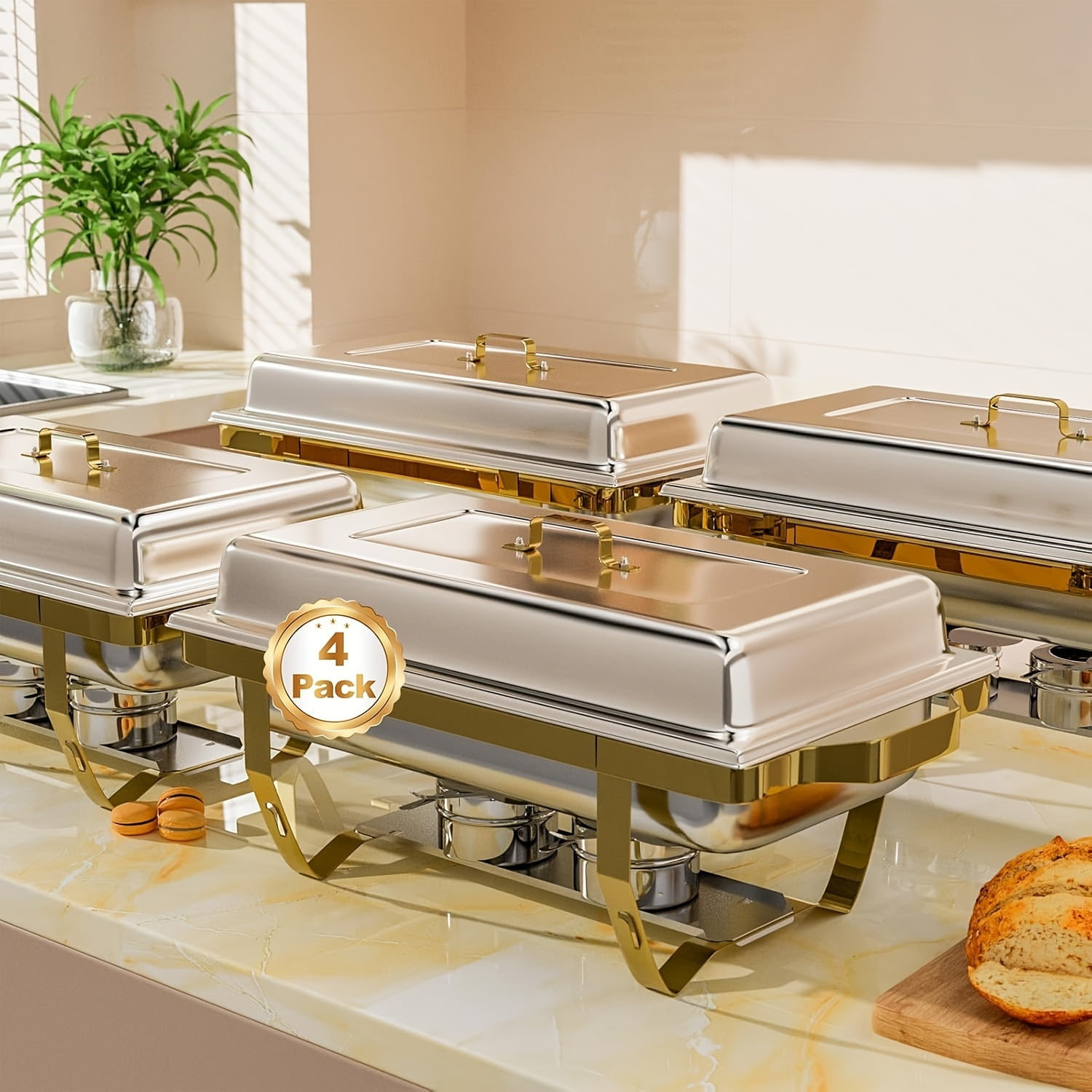 2/4 Pack 6/9 QT Round Stainless Steel Chafing Dishes, Buffet Food ...