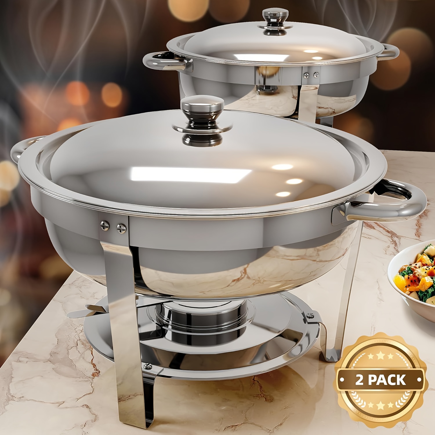 2/4 Pack 6/9QT Golden Stainless Steel Round Chafing Dish Set - Hot/Cold ...