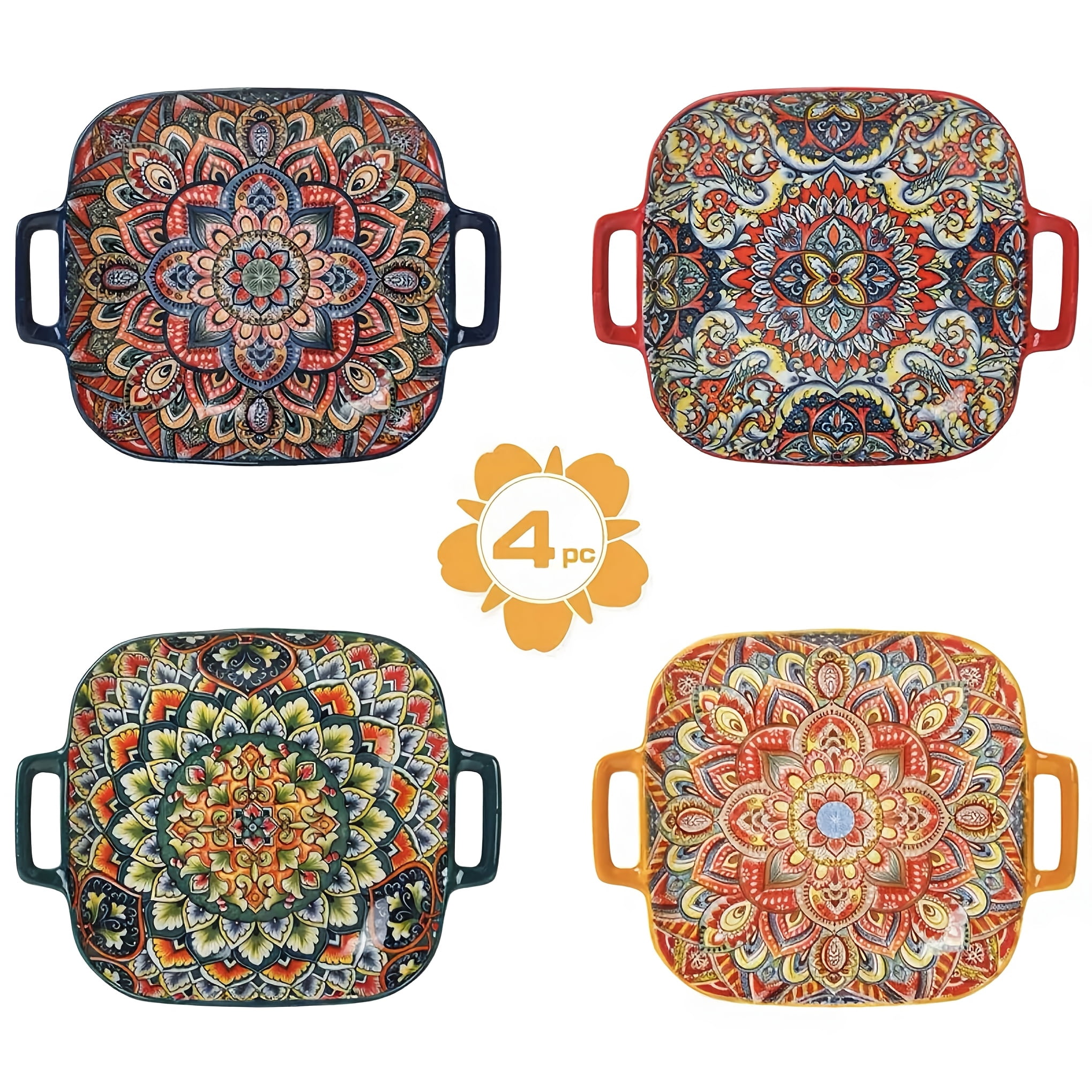 2/4 Pack Bohemian Floral Square Ceramic Tray Double Handle Plate For ...