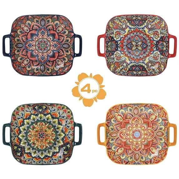 2/4 Pack Bohemian Floral Square Ceramic Tray Double Handle Plate For ...