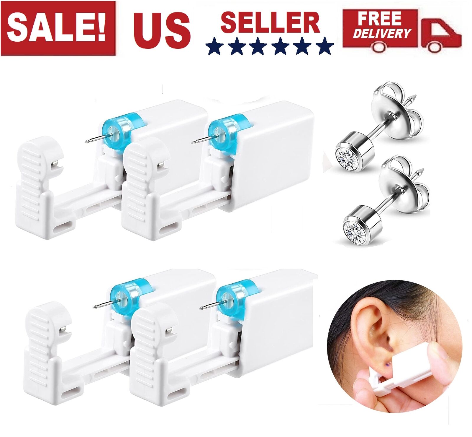 2/4 Pcs Ear Piercing Disposable Kit Silver Stud Earring Gun DIY Home ...