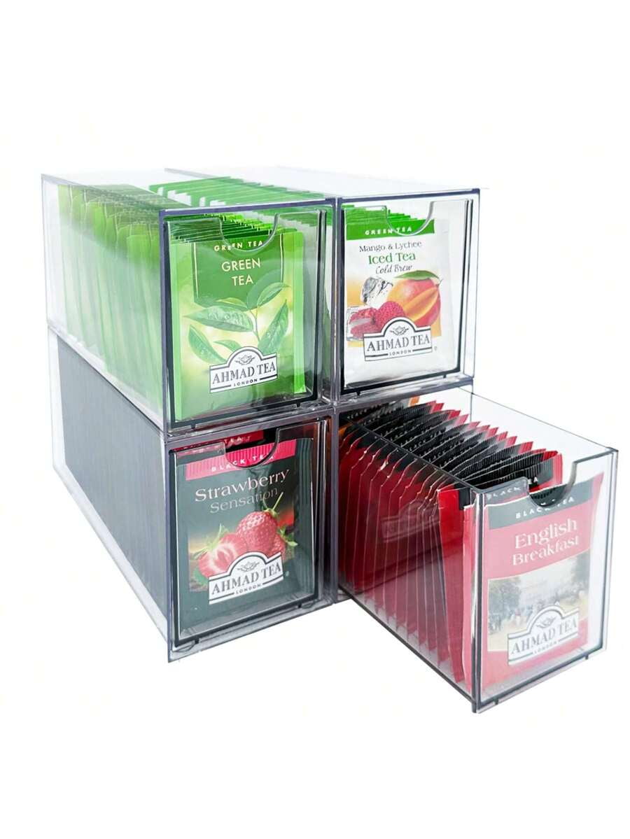 2/4 Pcs Tea Bag Drawers Organizer - 4 Clear Plastic Drawer Tea Bag ...