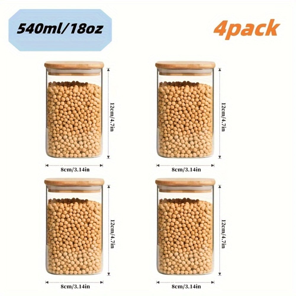 2/4 Pieces, 540Ml/1000Ml Glass Food Storage Jar with Bamboo Lid, Transparent Square Sealed ...