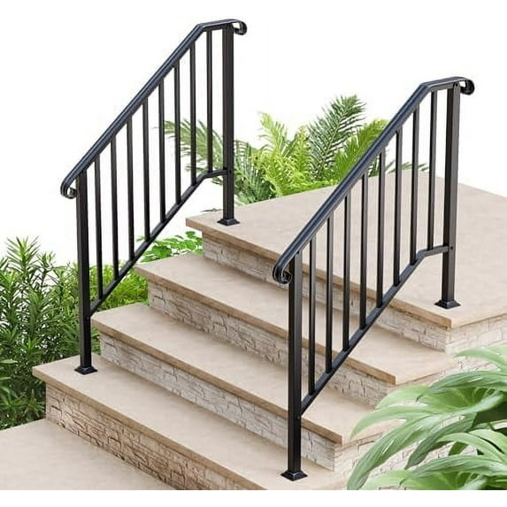 2 4 Step Handrails for Outdoor Steps, Wrought Iron Stair Railing Fits 3 ...