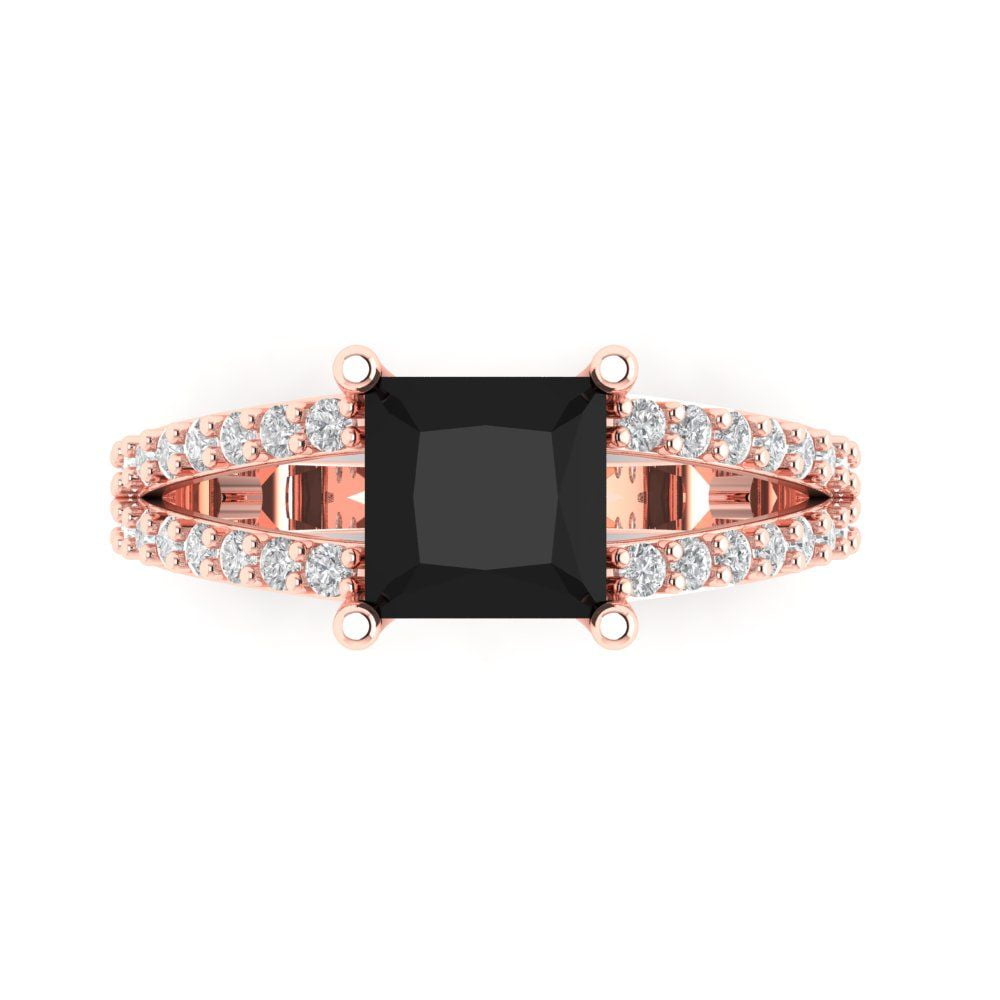 2.43ct Princess Cut Black Natural Onyx 18k Pink Rose Gold Engraving Statement Bridal Wedding ...