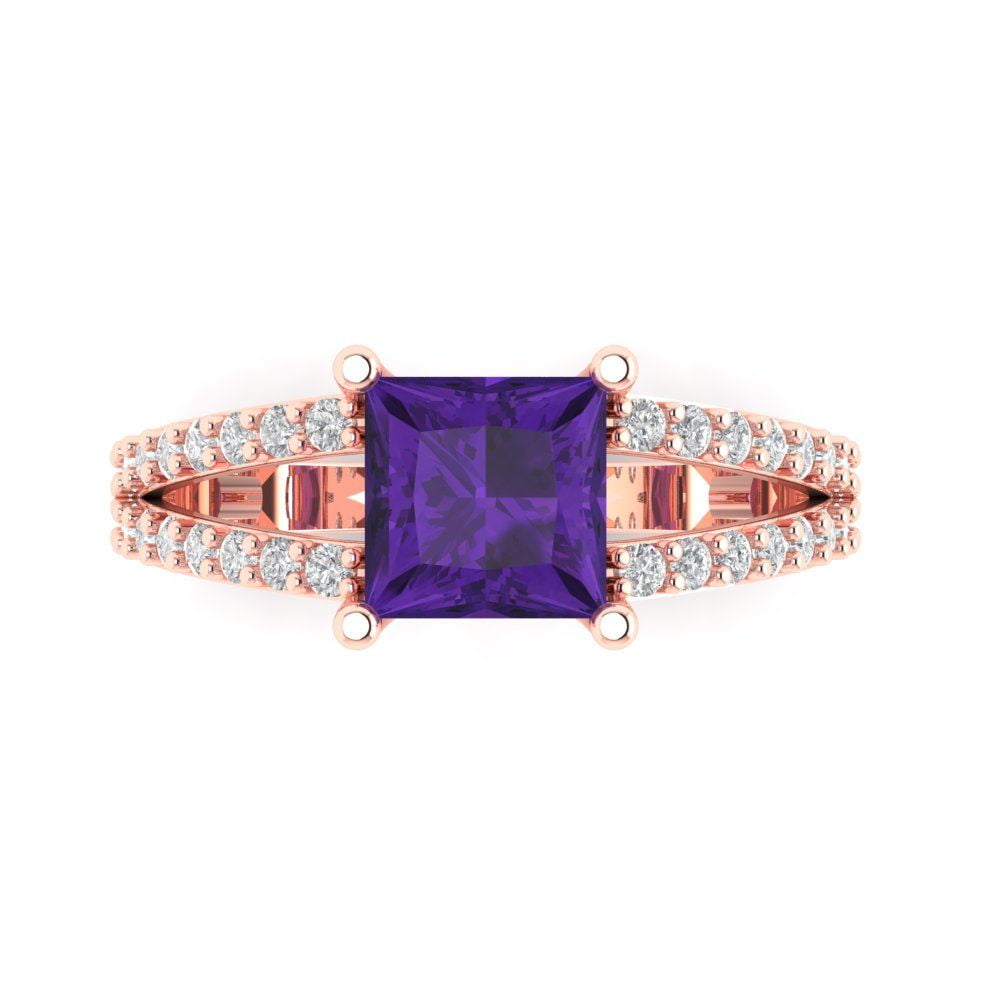 2.43ct Princess Cut Purple Natural Amethyst 14k Pink Rose Gold Engraving Statement Bridal ...