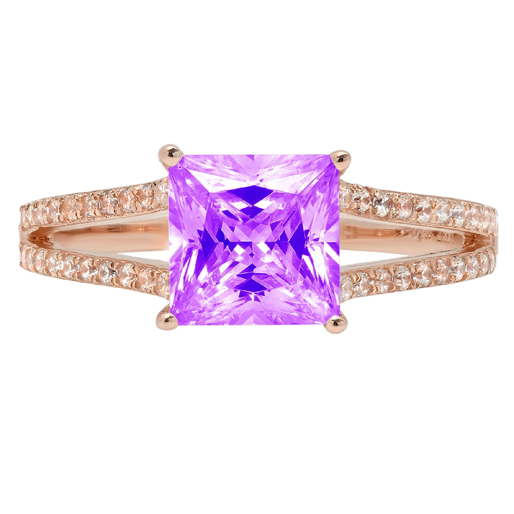 2.43ct Princess cut - Solitaire with Accents - Simulated Amethyst - 18k Rose Gold - Engagement ...