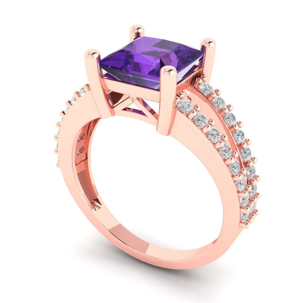 2.43ct princess cut purple natural amethyst 18k rose gold Bridal Wedding Engagement Promise ...