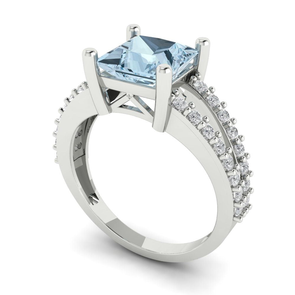 2.44ct princess cut blue Zircon 18k white gold Bridal Wedding ...