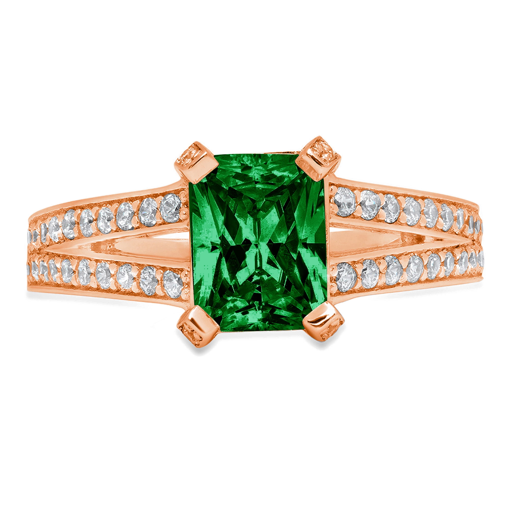 2.45 ct Emerald Cut Simulated Emerald Solitaire with Simulated Diamond Accents 18K Rose Gold ...