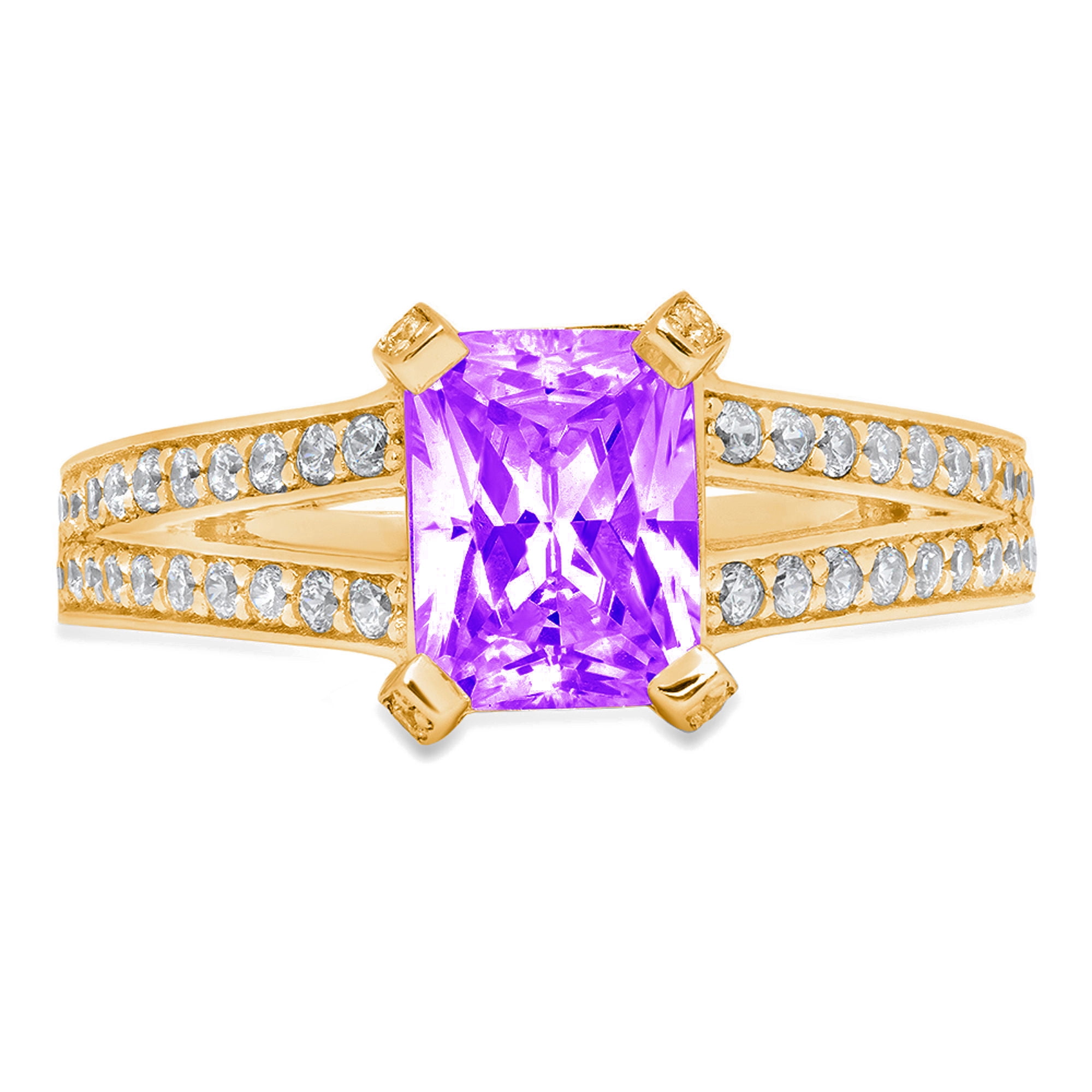 2.45ct Emerald cut - Solitaire with Accents - Simulated Amethyst - 18k Yellow Gold - Engagement ...