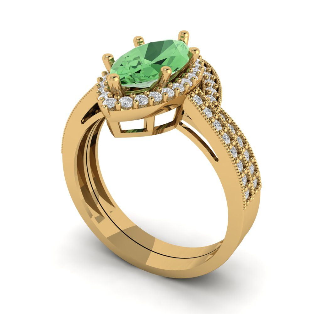 2.48 ct Brilliant Marquise Cut Green Zircon 18K Yellow Gold Halo Solitaire with Accents ...