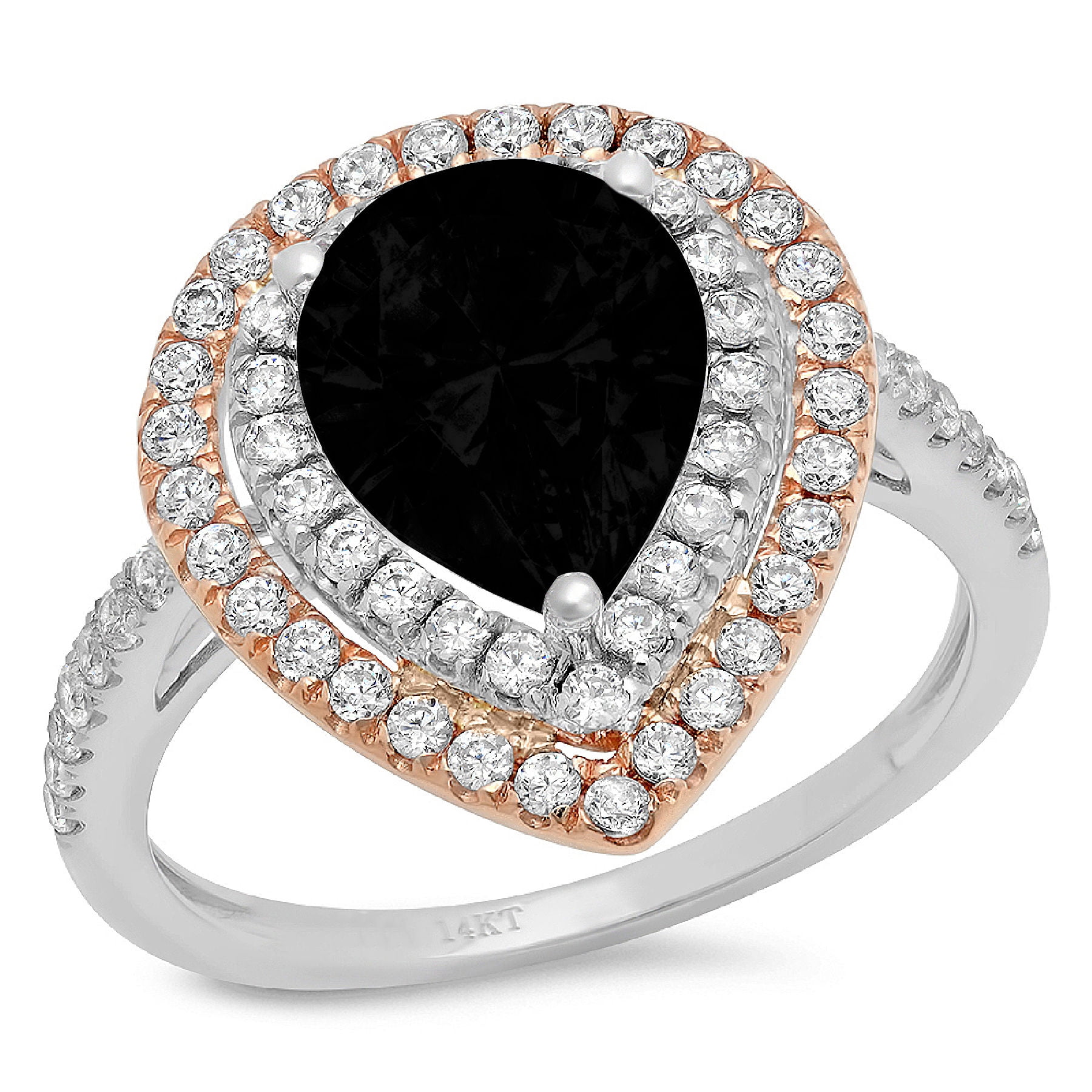 2.48 ct Pear Cut Natural Onyx with Simulated Diamond Halo Accents 18K White/Rose Gold Womens ...