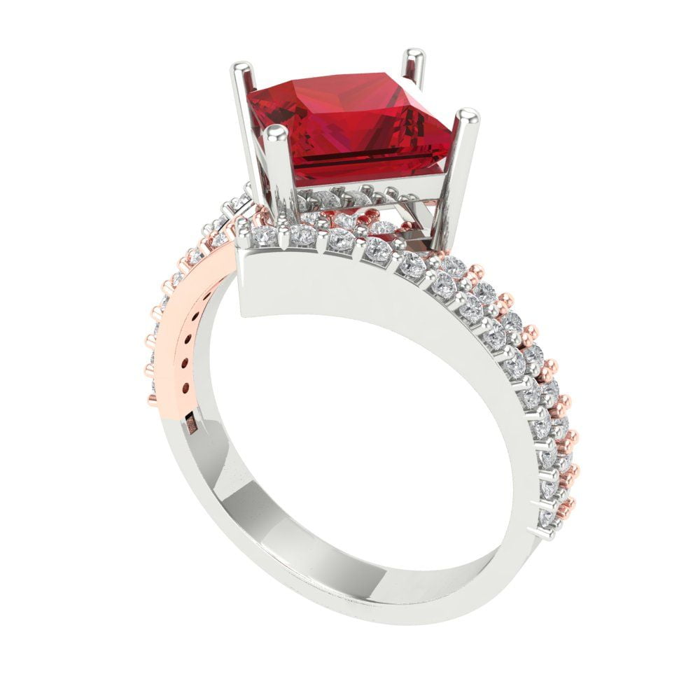 2.49ct princess cut red ruby 18k white rose gold Bridal Wedding ...