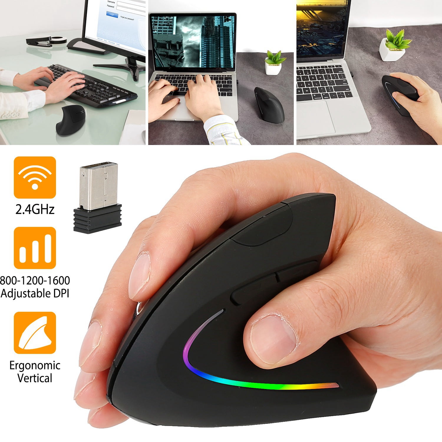 2.4G Wireless Vertical Mouse TeqHome Battery Powered Ergonomic Optical ...