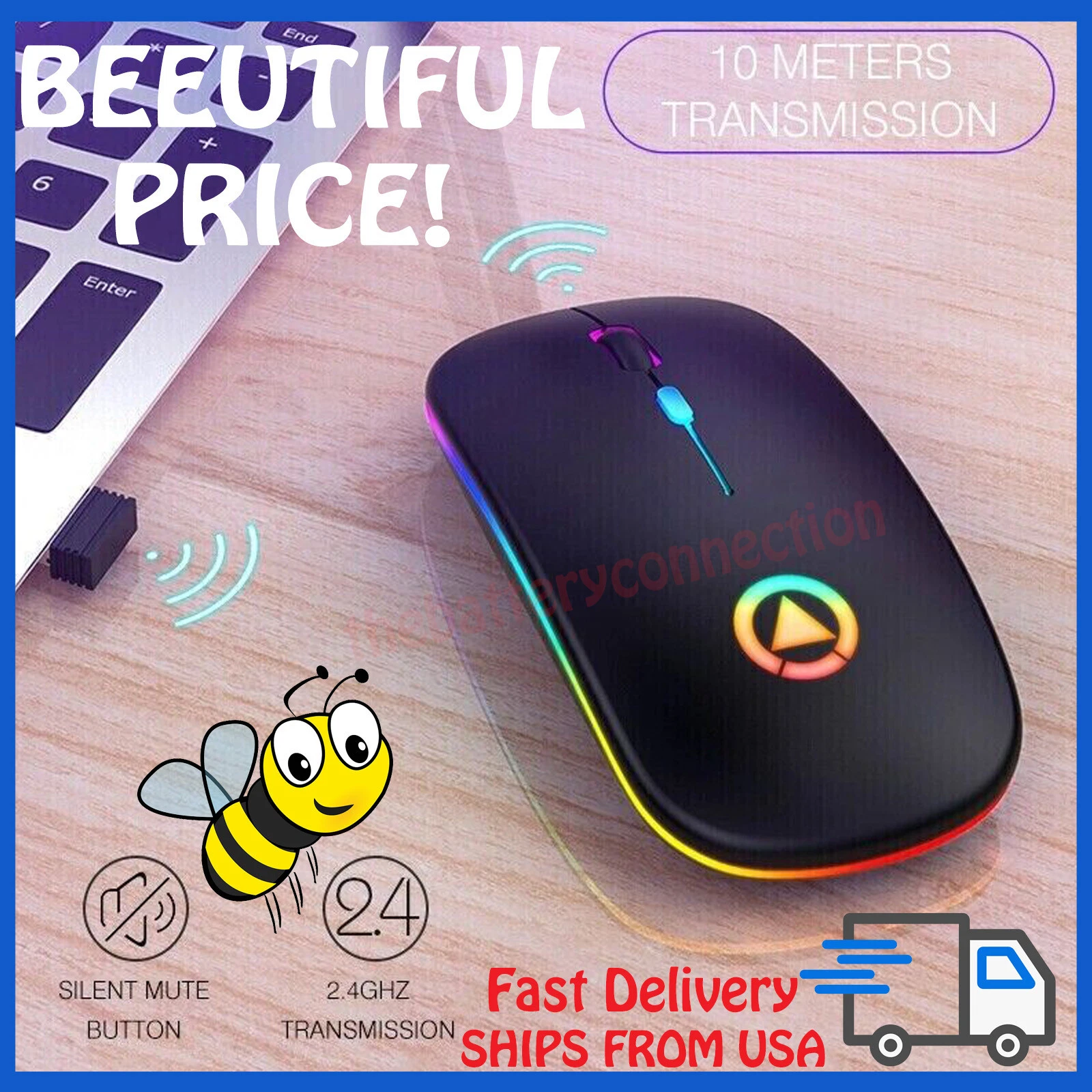 2.4GHz Wireless Optical Mouse USB Rechargeable RGB Cordless Mice For PC ...