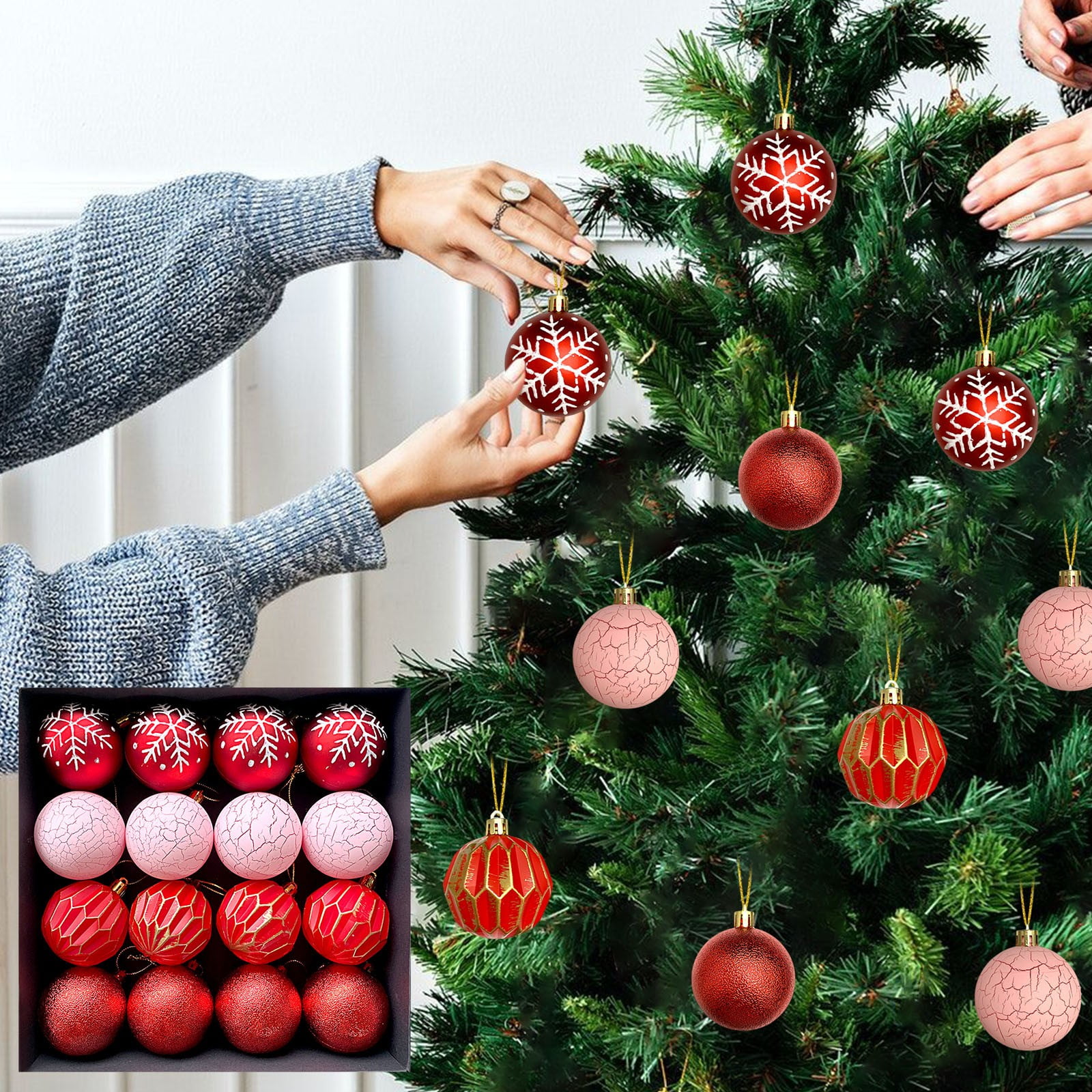 2.4IN Vintage Christmas Ornaments Distressed Crackle Balls Holiday Tree ...