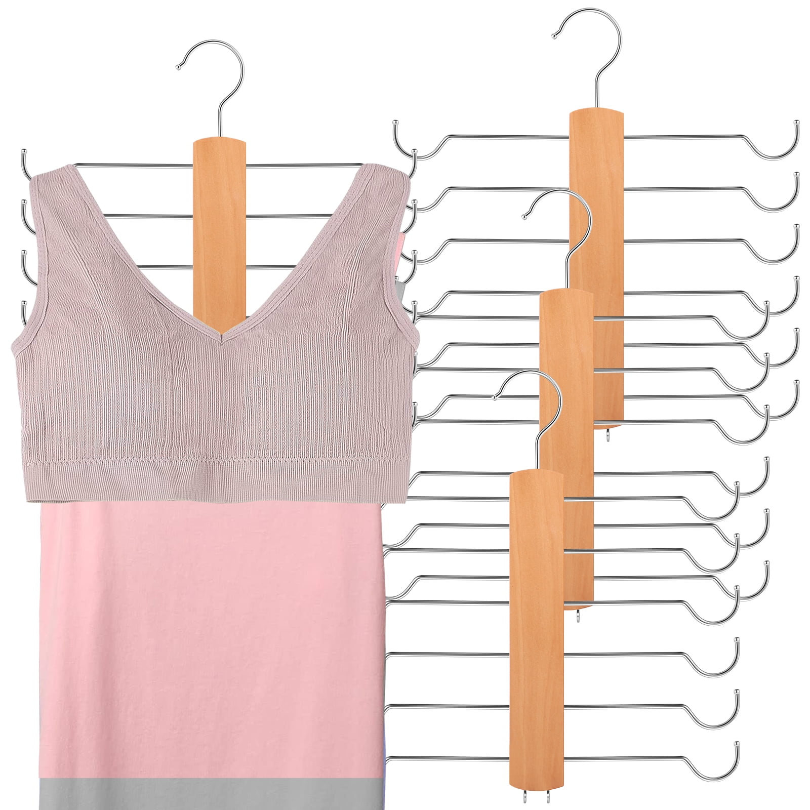 2/4Pcs Tank Top Hangers Foldable Bra Hangers with 24/48 Hooks Wooden ...