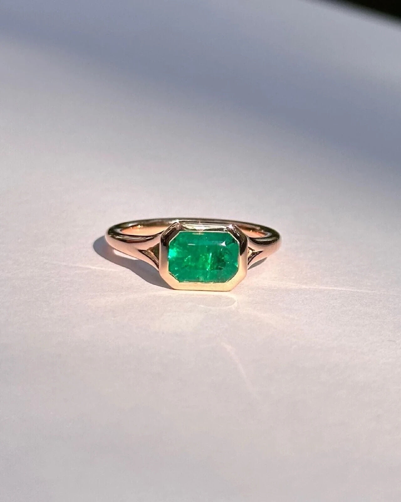 2.5 CT Vivid Green Emerald Cut Bezel Ring 14k Solid Gold Emerald ...