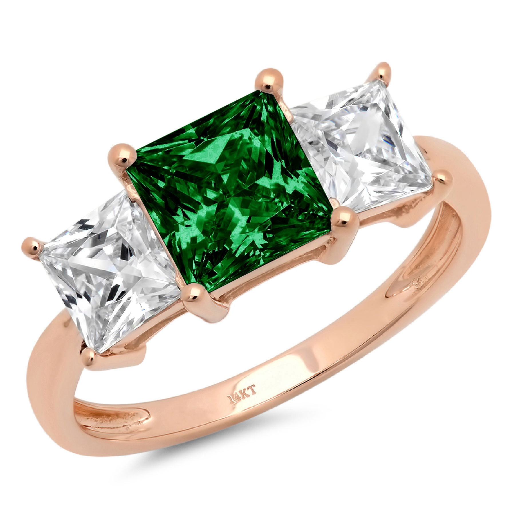 2.62ct Princess cut - Three- Stone - VVS1 Simulated Emerald - 18k Rose Gold - Bridal Anniversary ...