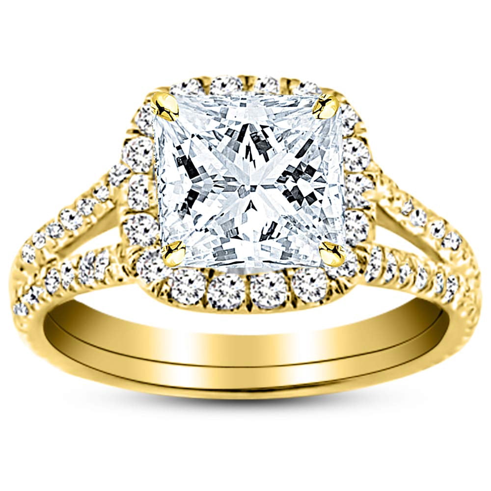 2.5 Ctw 14K Yellow Gold Single Classic Halo GIA Certified Princess Cut ...