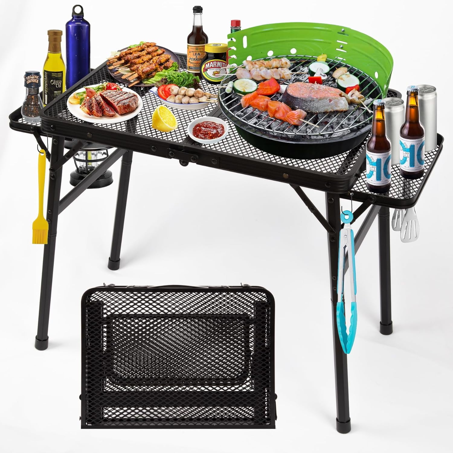 2.5 FT Picnic Table with 2 Wing Panels, Mesh Metal Folding Grill Table ...