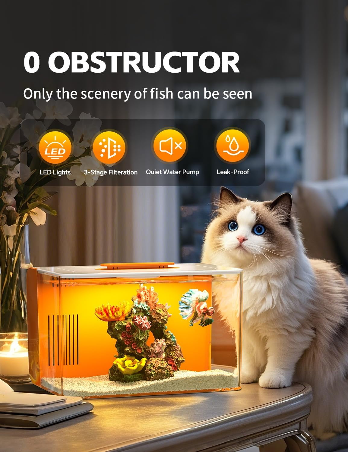 2.5 Gallon Fish Tank Small Aquarium Starter Kit with Hidden Filtration ...