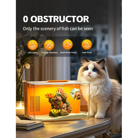 2.5 Gallon Fish Tank Small Aquarium Starter Kit with Hidden Filtration ...