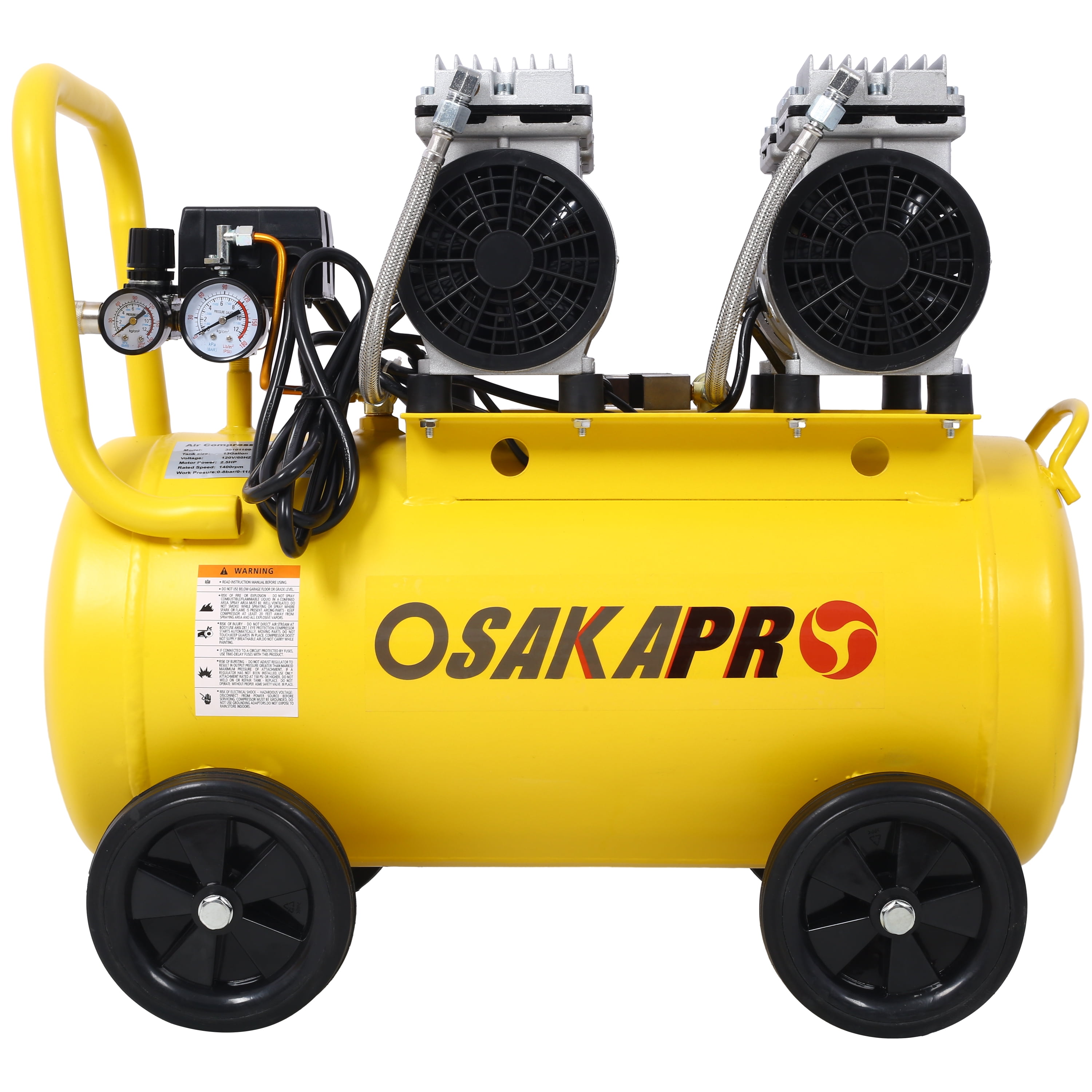 2.5 HP Silent Air Compressor 13 Gallon, Oil-Free, Electric Shop Air ...