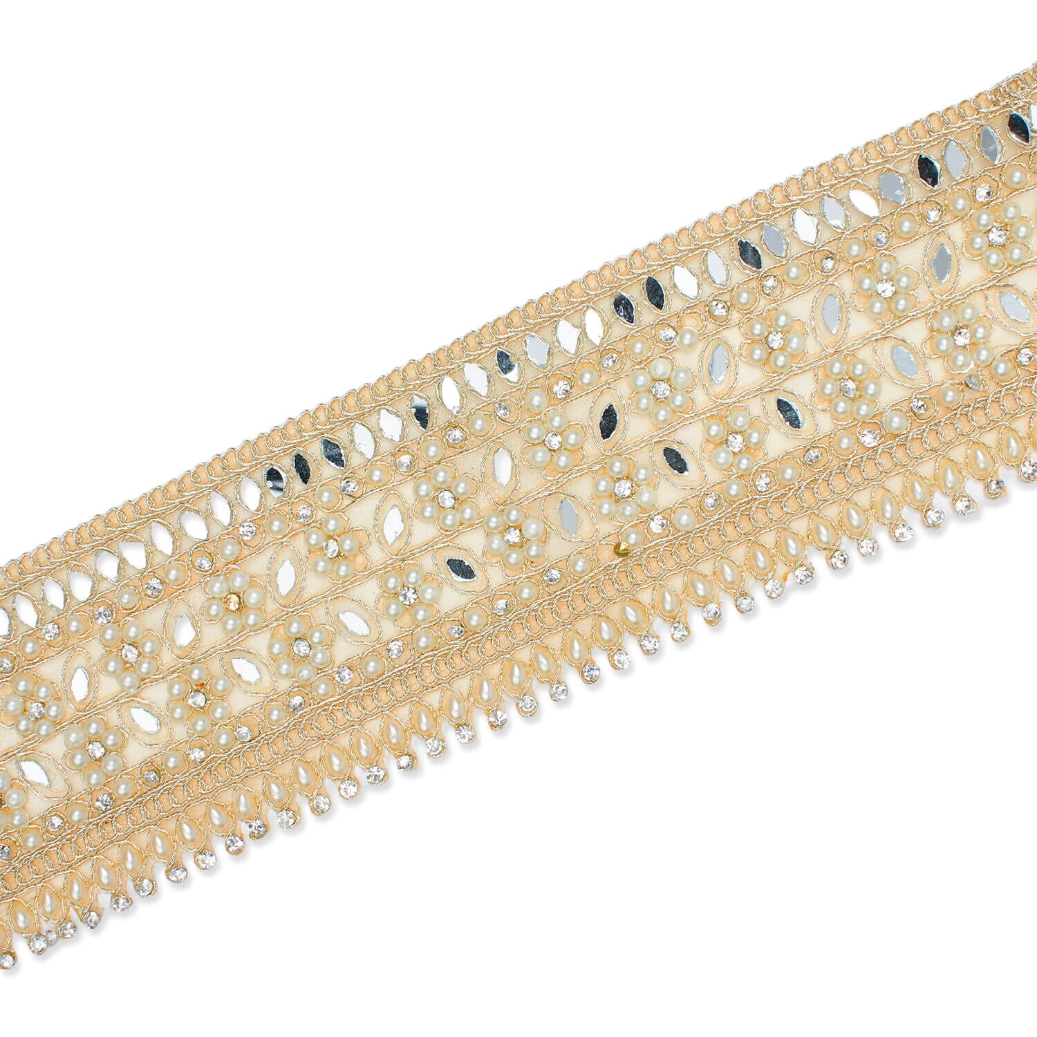 2.5 Inch Beaded Rhinestone Floral & Mirrored Leafy Metallic Corded Mesh ...